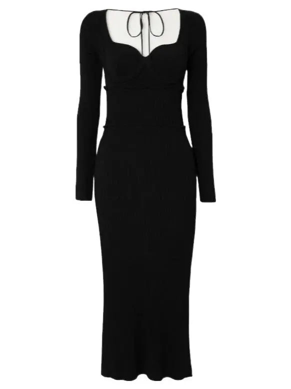 Altuzarra Ribbed Knit Midi Dress With Sweetheart Neckline - Black
