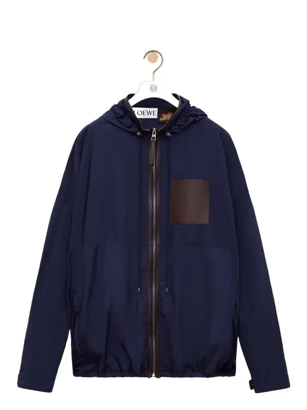 Loewe Hooded Zip-up Jacket With Leather Trim - Navy Blue/brown