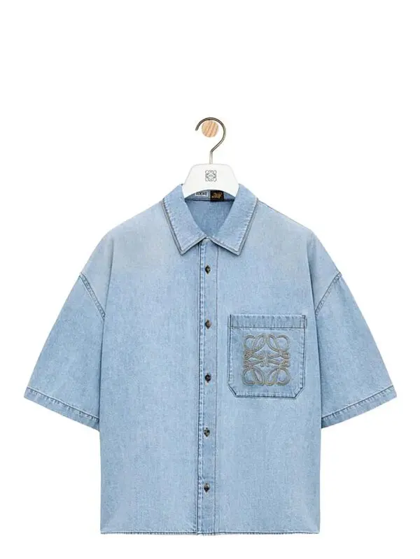 Loewe Anagram-embroidered Short-sleeved Shirt - Washed Blue
