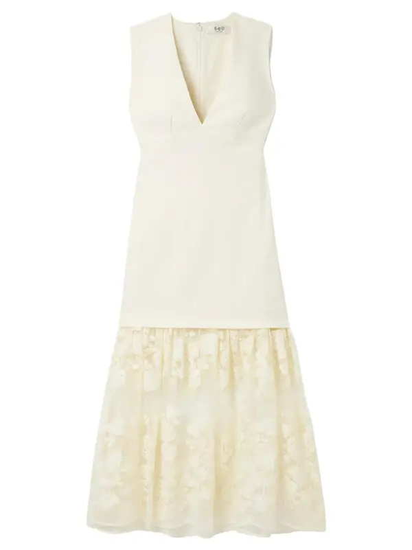 Sea Arielle V-neck Midi Dress With Lace Inserts - White