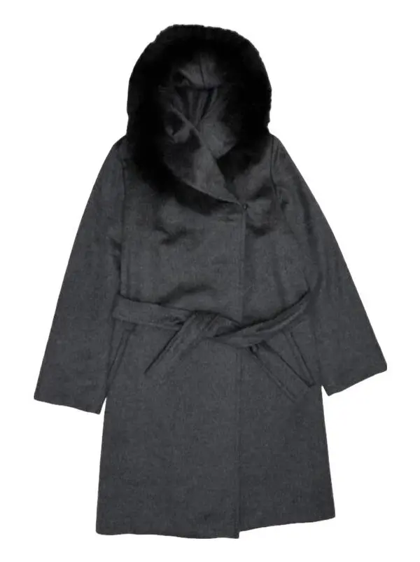 Max Mara Hooded Wool Coat With Fur Collar - Gray