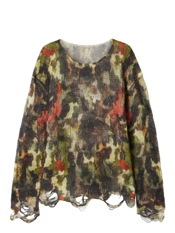 R13 Boyfriend Distressed Camouflage-print Open-knit Sweater - Multicolor