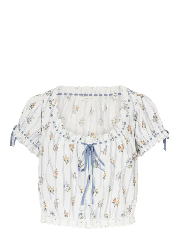 DÔEN Broderie Anglaise Floral Striped Blouse With Ribbon Details - White