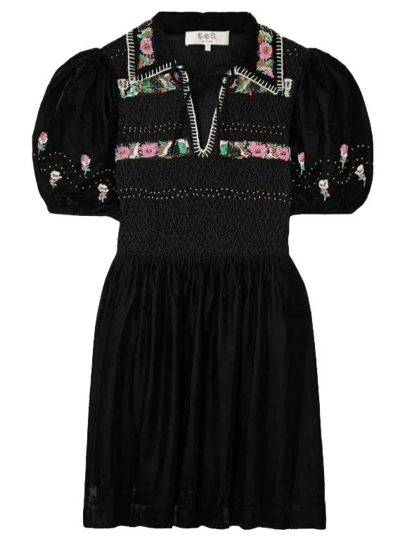 Sea Embellished Mini Dress With Puff Sleeves - Black