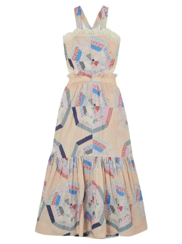 Sea Crochet Trim Patchwork Midi Dress - Multicolor