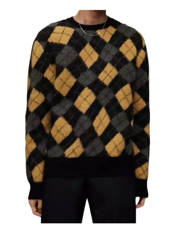 ALLSAINTS Argyle Patterned Long Sleeve Crew Neck Sweater - Black