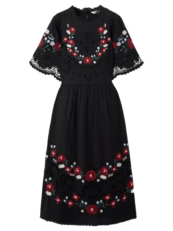 Sea Rosaline Embroidered Broderie Anglaise Cotton And Linen-blend Midi Dress - Black