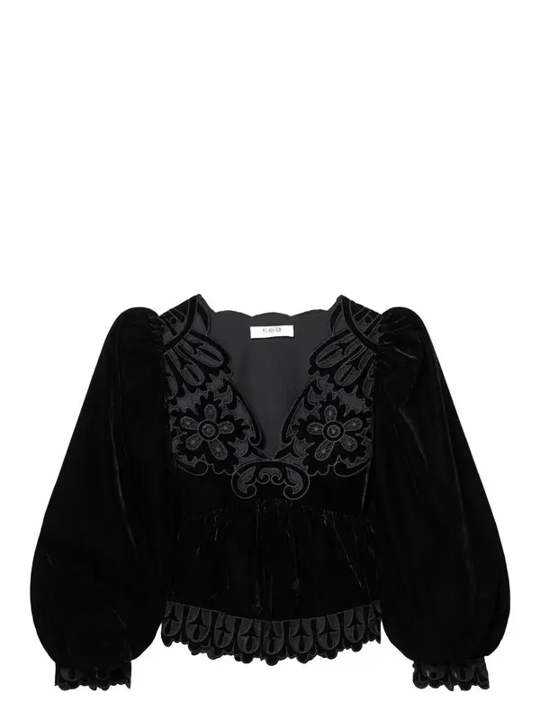 Sea Silk Mesh Trimmed Shirt With Puff Sleeves And Floral Embroidery - Black