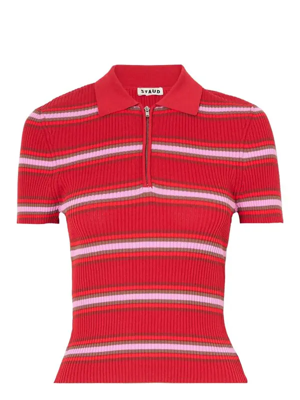 Staud Ren" Striped Ribbed Knit Polo Shirt - No