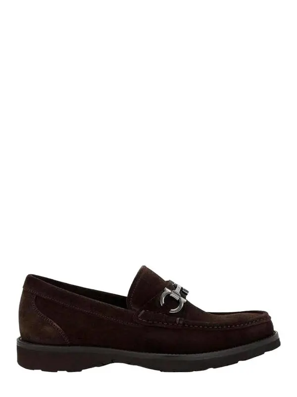 FERRAGAMO Chocolate Suede Loafers With Logo Buckle - Black