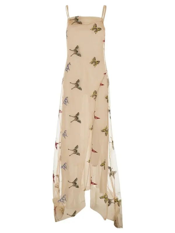 Blumarine Embroidered Butterfly Tulle Maxi Dress - Beige