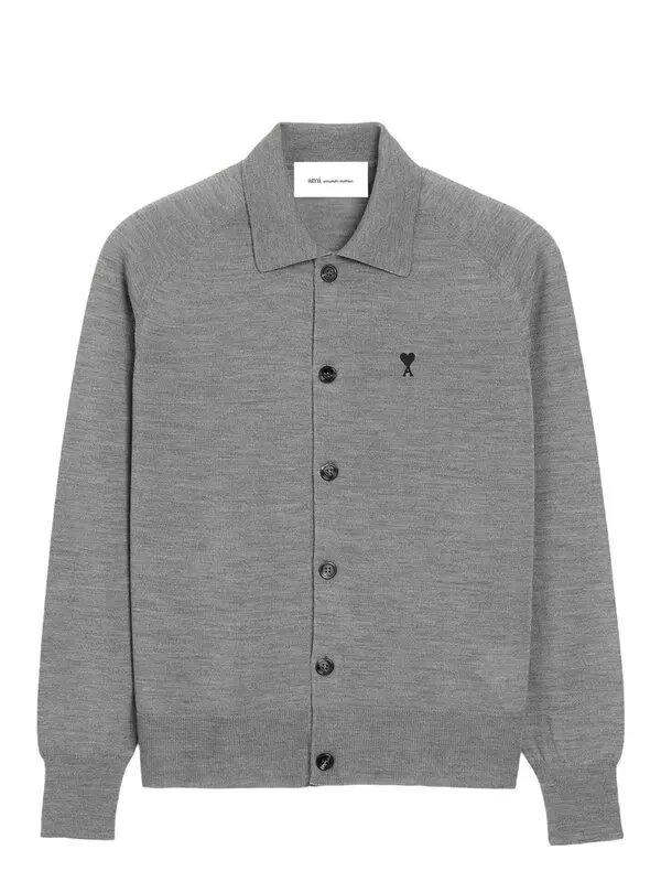 Ami Embroidered Logo Collared Cardigan - Heather Grey/black