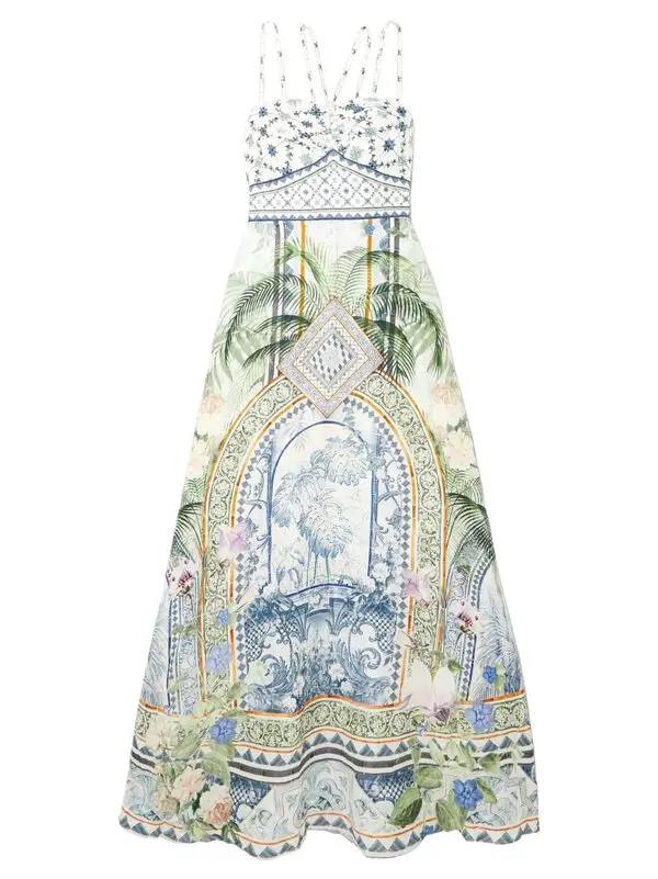 Camilla Jardim Party Crystal-embellished Printed Linen And Silk-blend Maxi Dress - White