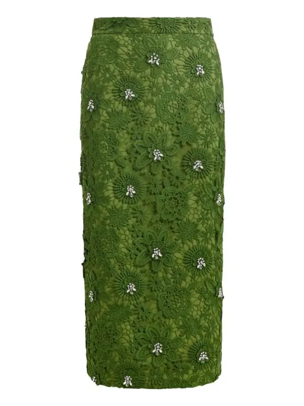 Essentiel Antwerp Floral Lace Pencil Skirt With Rhinestone Embellishments - Green