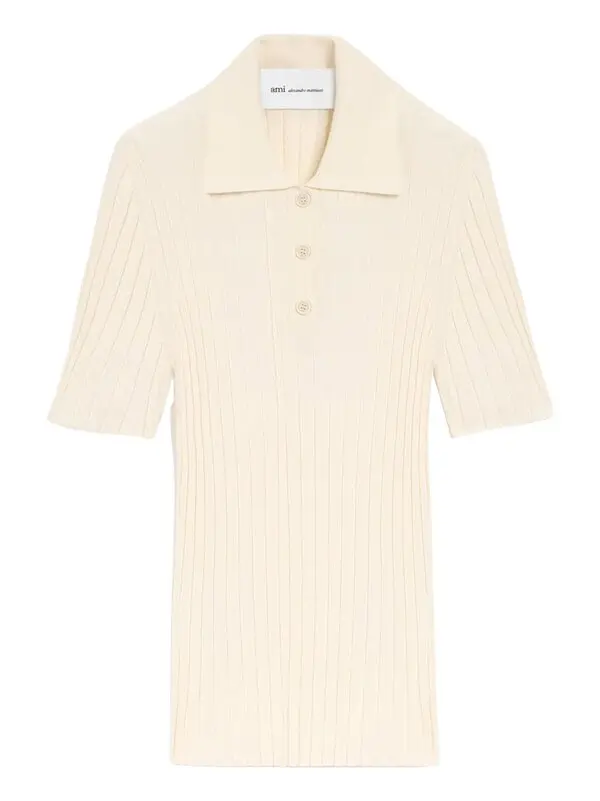 Ami Ribbed Slim Polo Knit Top - White Cream
