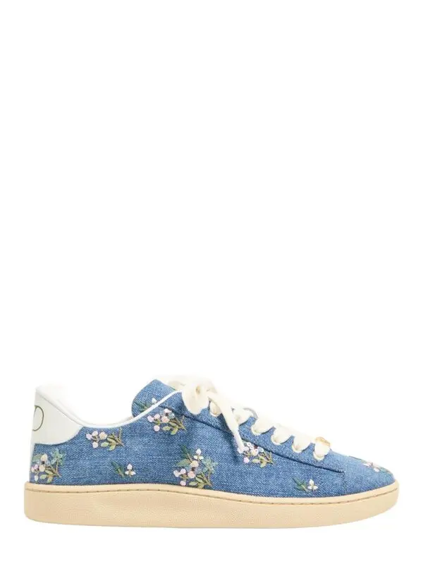 Valentino Garavani Royco Embroidered Denim Lace-up Sneakers - Blue