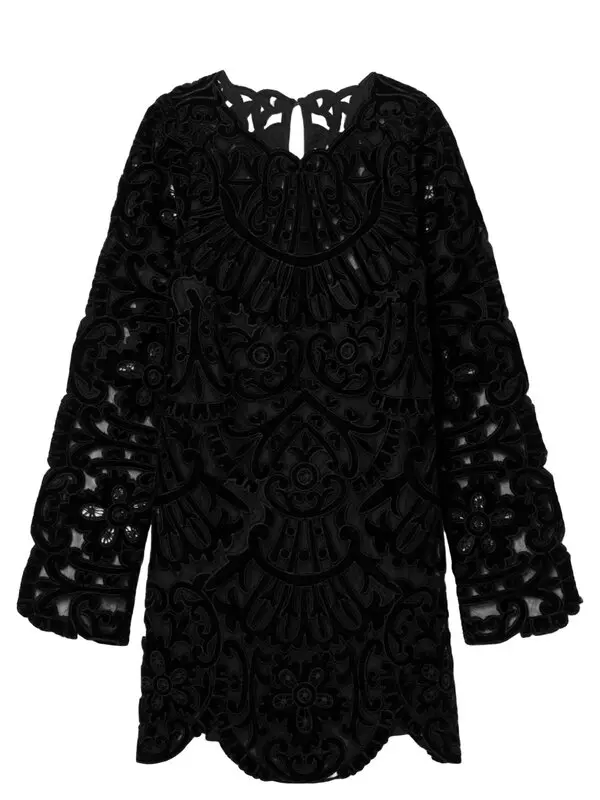Sea Embroidered Mini Dress With Scalloped Hem - Black