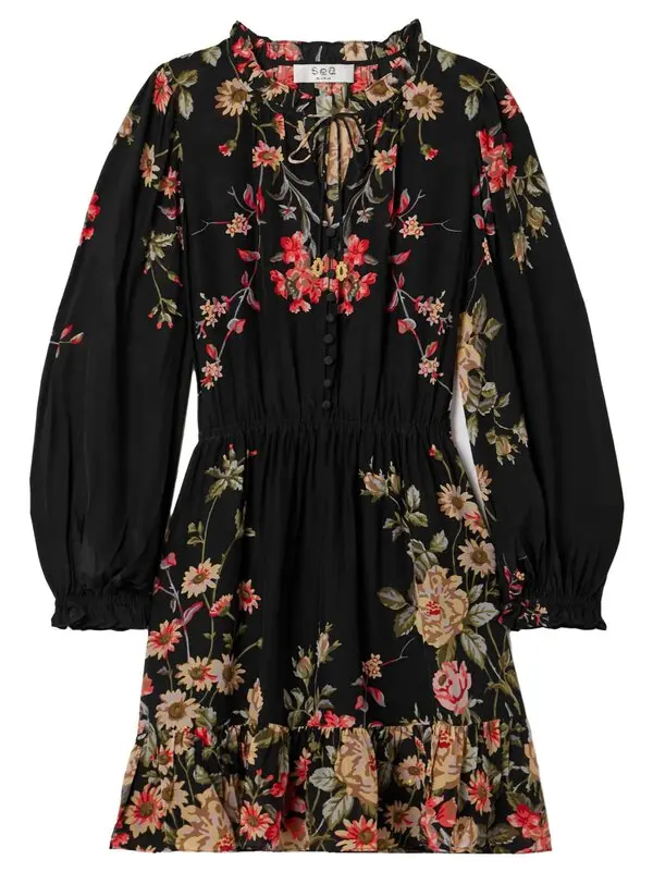 Sea Jolie Ruffled Floral-print Crepe De Chine Mini Dress - Black