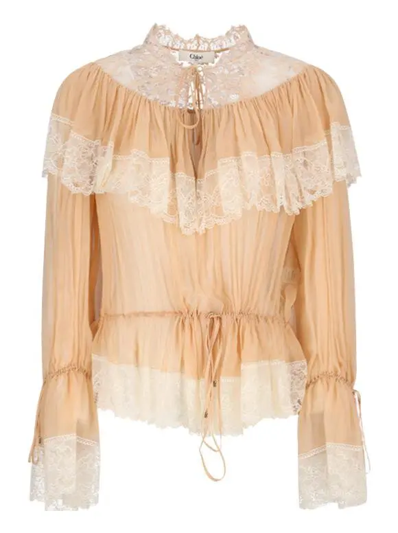 Chloé Lace Ruffled Tie Neck Top - Nude