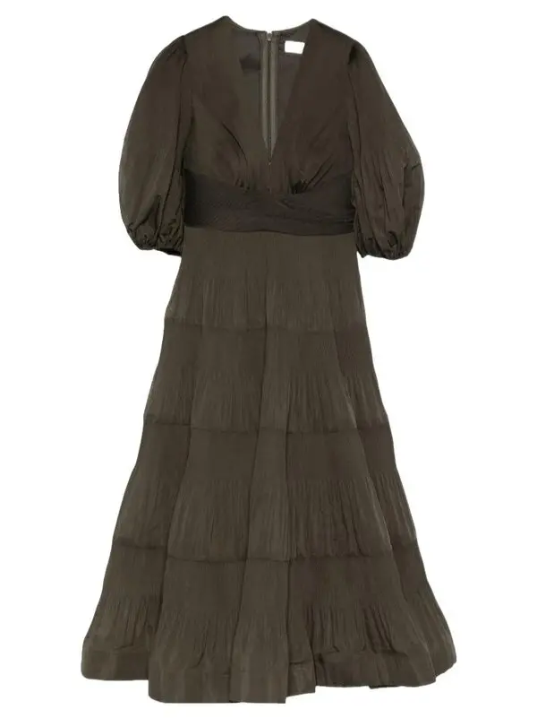 Zimmermann Tiered Puff-sleeve V-neck Dress - Olive
