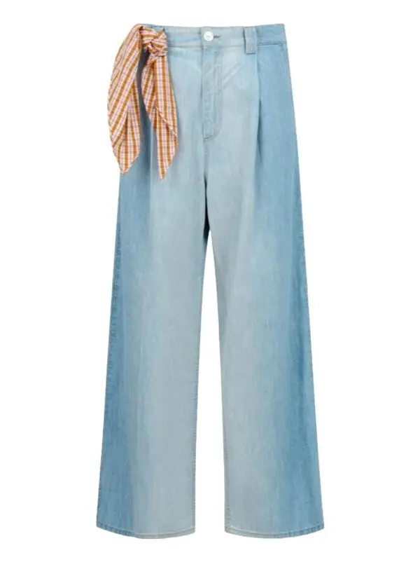 Marni High-waisted Wide-leg Chambray Trousers With Foulard Detail - Light Blue