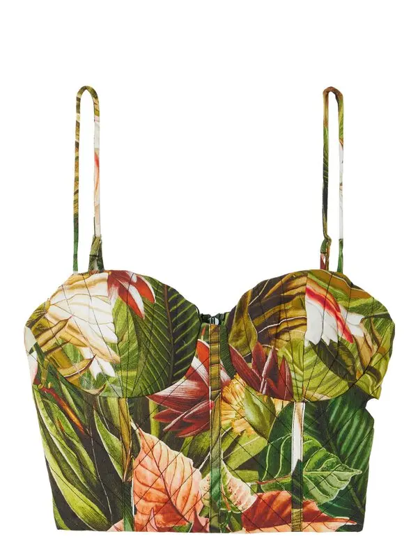 Farm Rio Botanical Forest Cropped Floral-print Linen-blend Top - Green