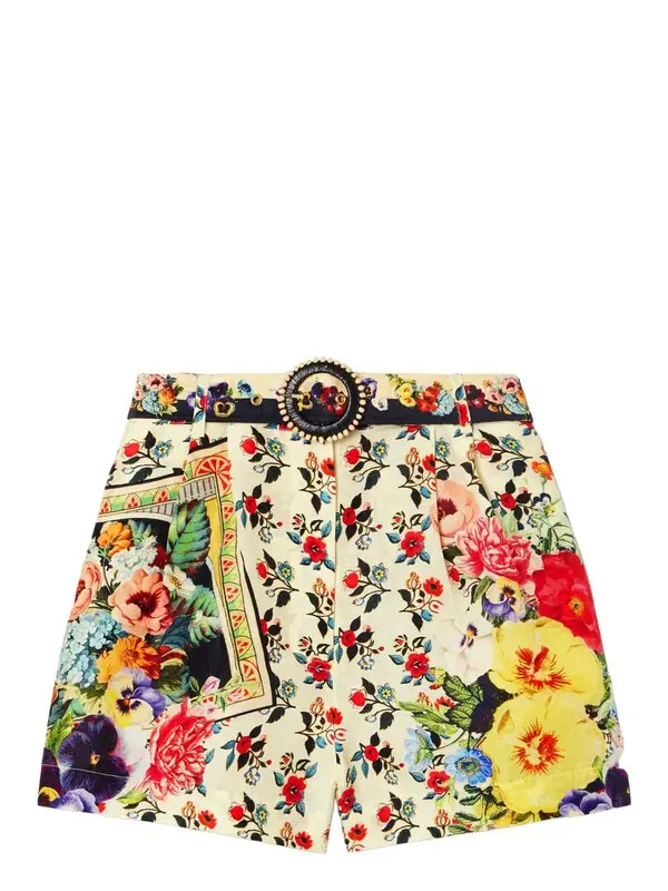 Camilla Belted Printed Linen And Silk-blend Shorts - Nude