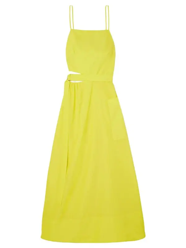 Tibi Belted Asymmetric Cutout Taffeta Midi Dress - Yellow