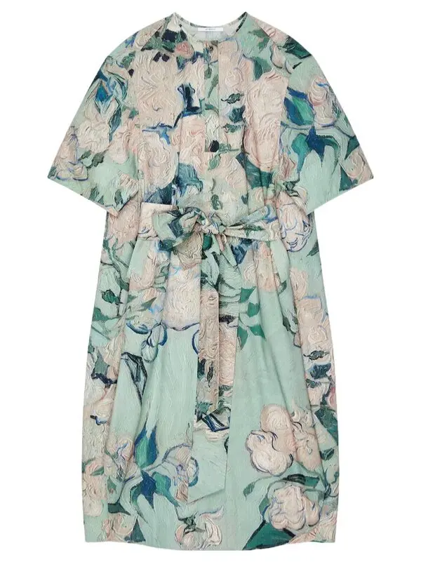 Givenchy Cocoon Long Dress In Cotton With Roses Print - Mint Green