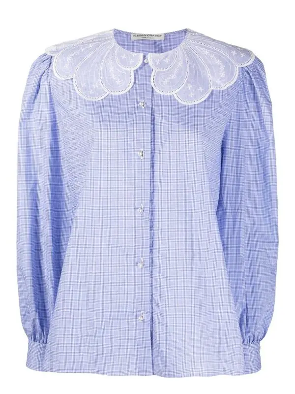 Alessandra Rich Checked Scalloped Collar Blouse - Blue
