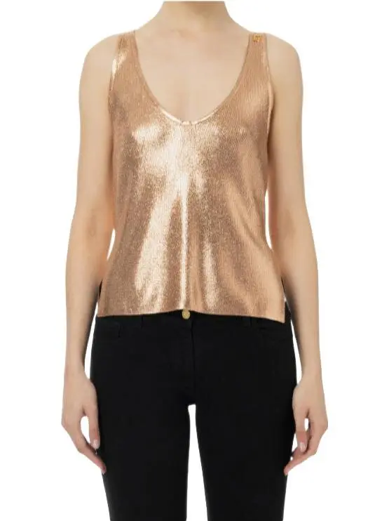 Elisabetta Franchi Laminated Viscose Top With Golden Metal Charms - Nude