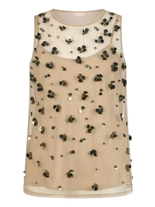 Liu Jo Floral Sequin Tulle Top With Jersey Camisole - Beige