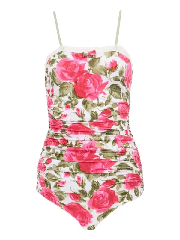 Chloé Ruched Rose-printed Bodysuit - White/pink