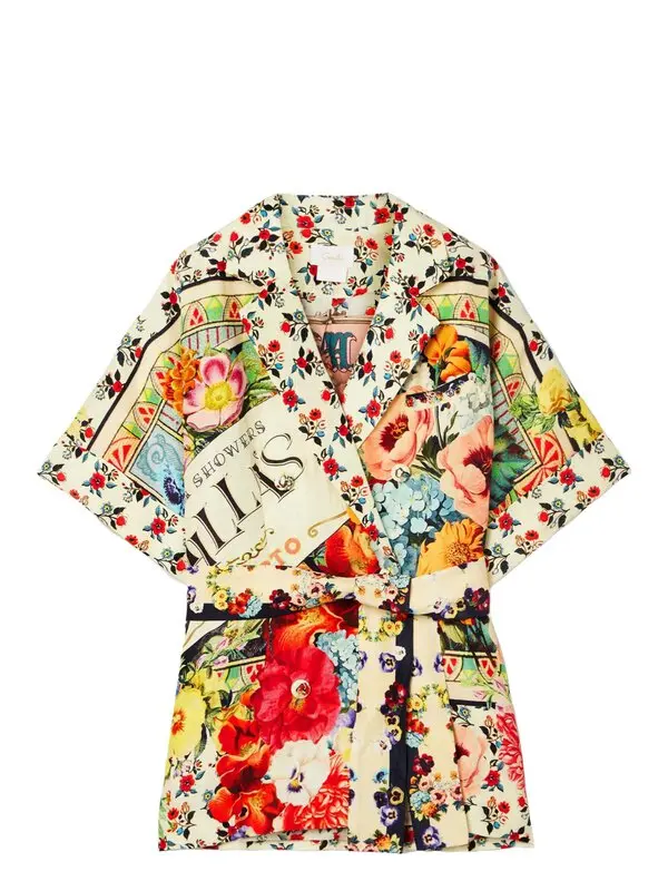 Camilla Double-breasted Belted Printed Linen And Silk-blend Jacket - Nude
