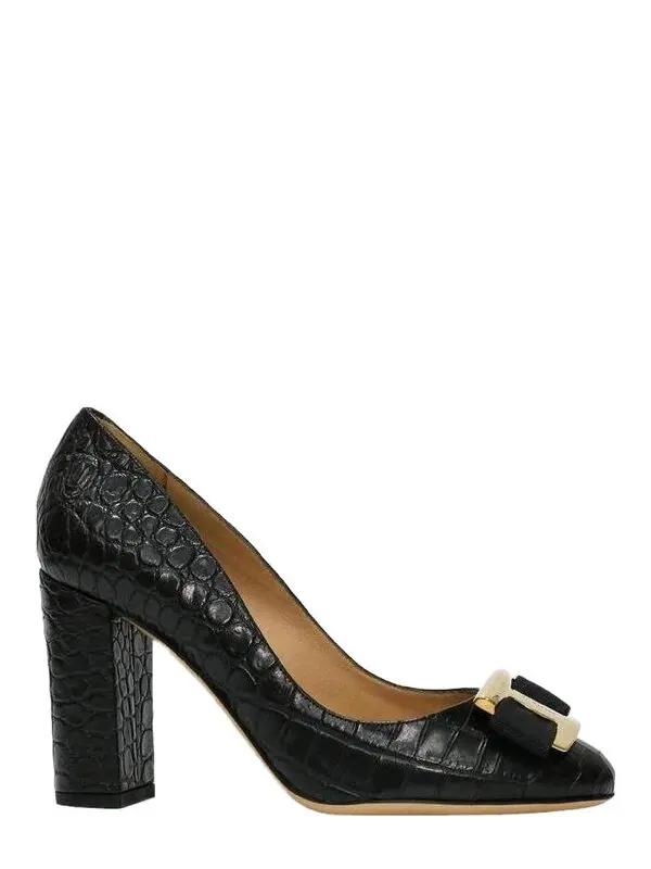 FERRAGAMO Embossed Leather High Heel Pumps With Bow Detailing - Black