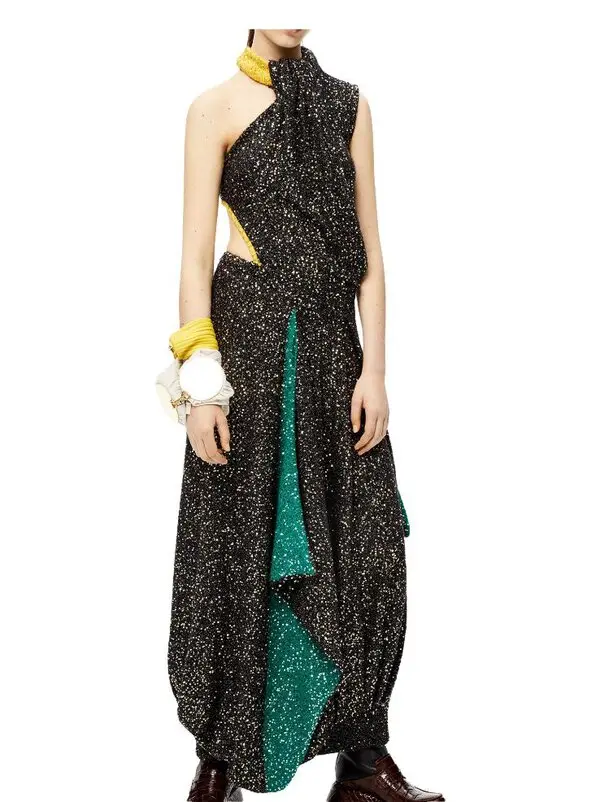 Loewe Sequined Knitted Asymmetrical High-neck Maxi Dress - Black