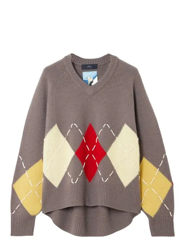 Arch4 Embroidered Diamond Pattern V-neck Sweater - Gray