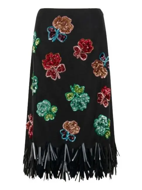 Marni Sequined Floral Fringed Skirt - Black