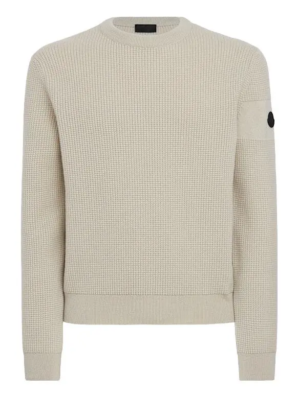 Moncler Virgin Wool Crew Neck Sweater With Logo Patch - Nude
