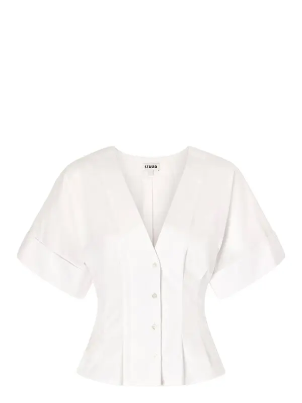 Staud Elle Pleated Short Sleeve Shirt - White