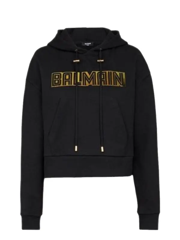 Balmain Cropped Cotton Sweatshirt With Gold Logo - Black