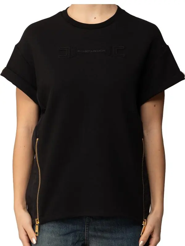 Elisabetta Franchi Round Neck Zip Detail T-shirt - Black