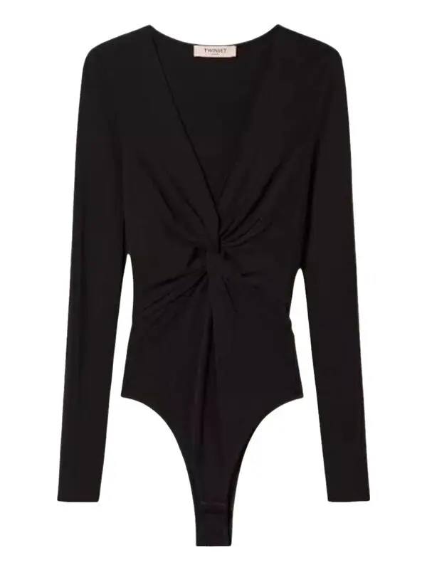 TWINSET Long Sleeve V-neck Gathered Bodysuit - Black
