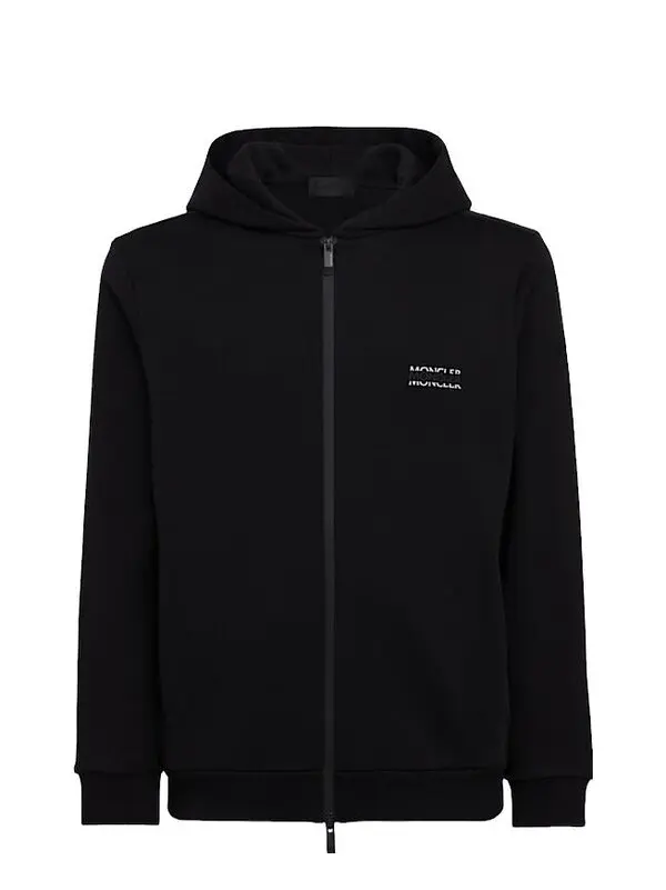 Moncler Cotton Fleece Zip-up Hoodie With Printed Logo - Black