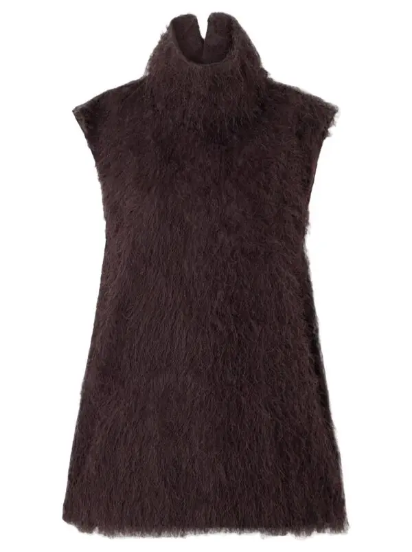 THE FRANKIE SHOP Lancy Turtleneck Fringed Shell Mini Dress - Dark Brown