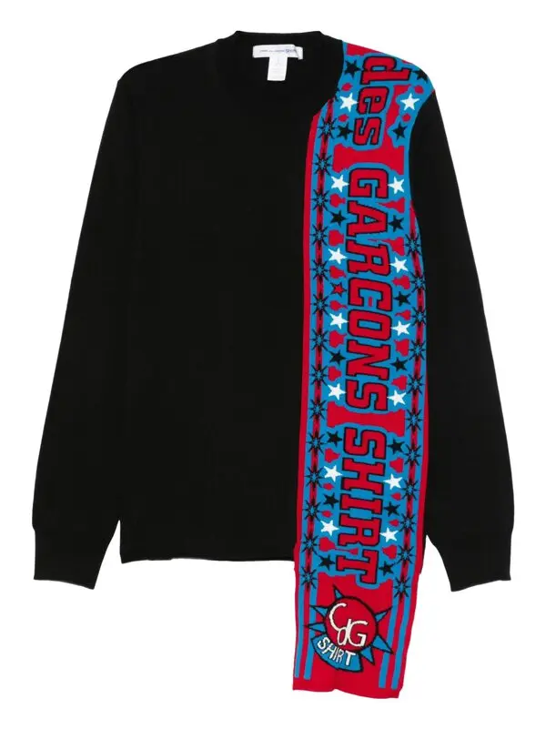 Comme Des Garçons Long Sleeve Crew Neck Sweater With Printed Scarf Detail - Black