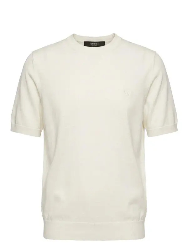 Gucci Fine Knit Crewneck Top With Embroidered Crest - White