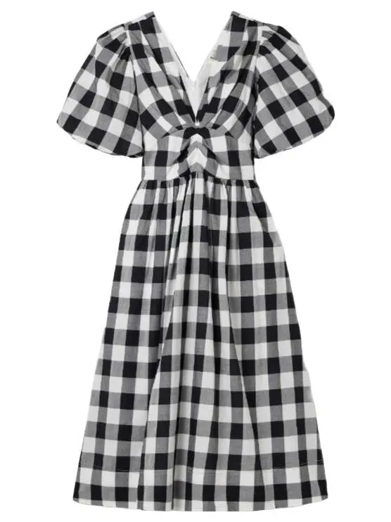 Sea Gingham Check Midi Dress - Gray