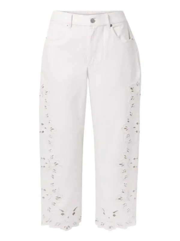 Sea Embroidered Wide-leg Jeans - White