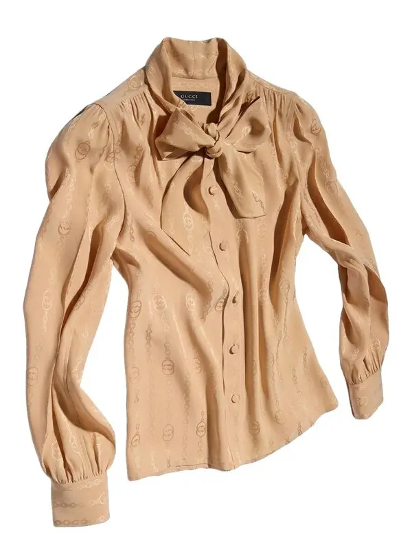 Gucci Interlocking G Chain Silk Jacquard Shirt With Self-tie Bow - Beige
